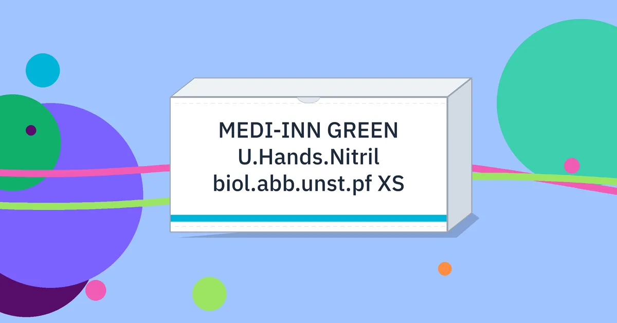Symbolbild: Packung mit der Aufschrift MEDI-INN GREEN U.Hands.Nitril biol.abb.unst.pf XS (PZN 19626759) – Verfügbarkeit und Bezug in Apotheken in Frankfurt am Main