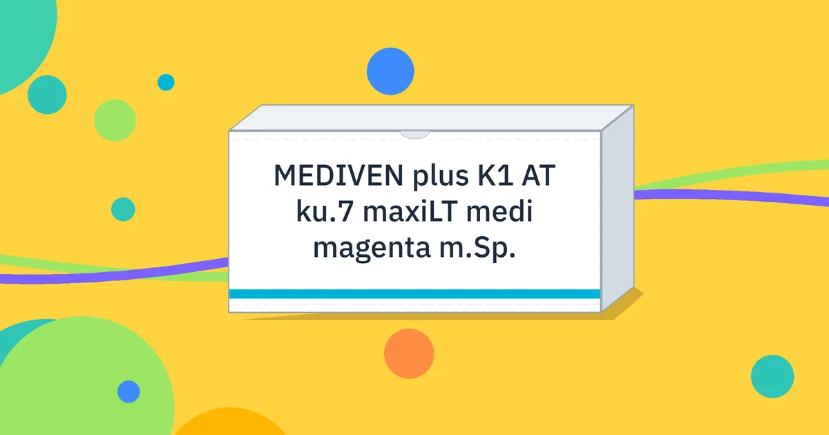 Symbolbild: Packung mit der Aufschrift MEDIVEN plus K1 AT ku.7 maxiLT medi magenta m.Sp. (PZN 15069581) – Verfügbarkeit und Bezug in Apotheken in Frankfurt am Main