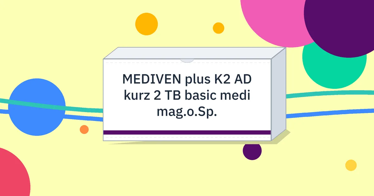 Symbolbild: Packung mit der Aufschrift MEDIVEN plus K2 AD kurz 2 TB basic medi mag.o.Sp. (PZN 15098536) – Verfügbarkeit und Bezug in Apotheken in Frankfurt am Main