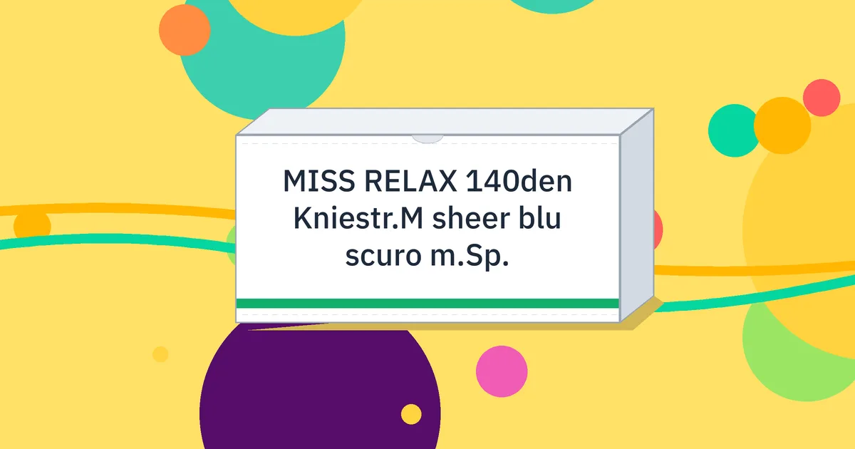 Symbolbild: Packung mit der Aufschrift MISS RELAX 140den Kniestr.M sheer blu scuro m.Sp. (PZN 16189666) – Verfügbarkeit und Bezug in Apotheken in Frankfurt am Main