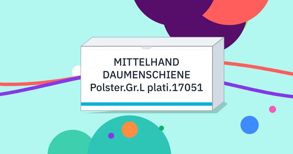 Symbolbild: Packung mit der Aufschrift MITTELHAND DAUMENSCHIENE Polster.Gr.L plati.17051 (PZN 03270007) – Verfügbarkeit und Bezug in Apotheken in Frankfurt am Main