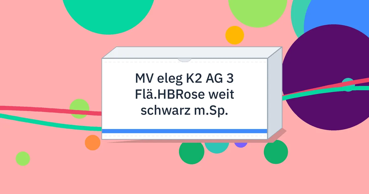 Symbolbild: Packung mit der Aufschrift MV eleg K2 AG 3 Flä.HBRose weit schwarz m.Sp. (PZN 15721219) – Verfügbarkeit und Bezug in Apotheken in Frankfurt am Main