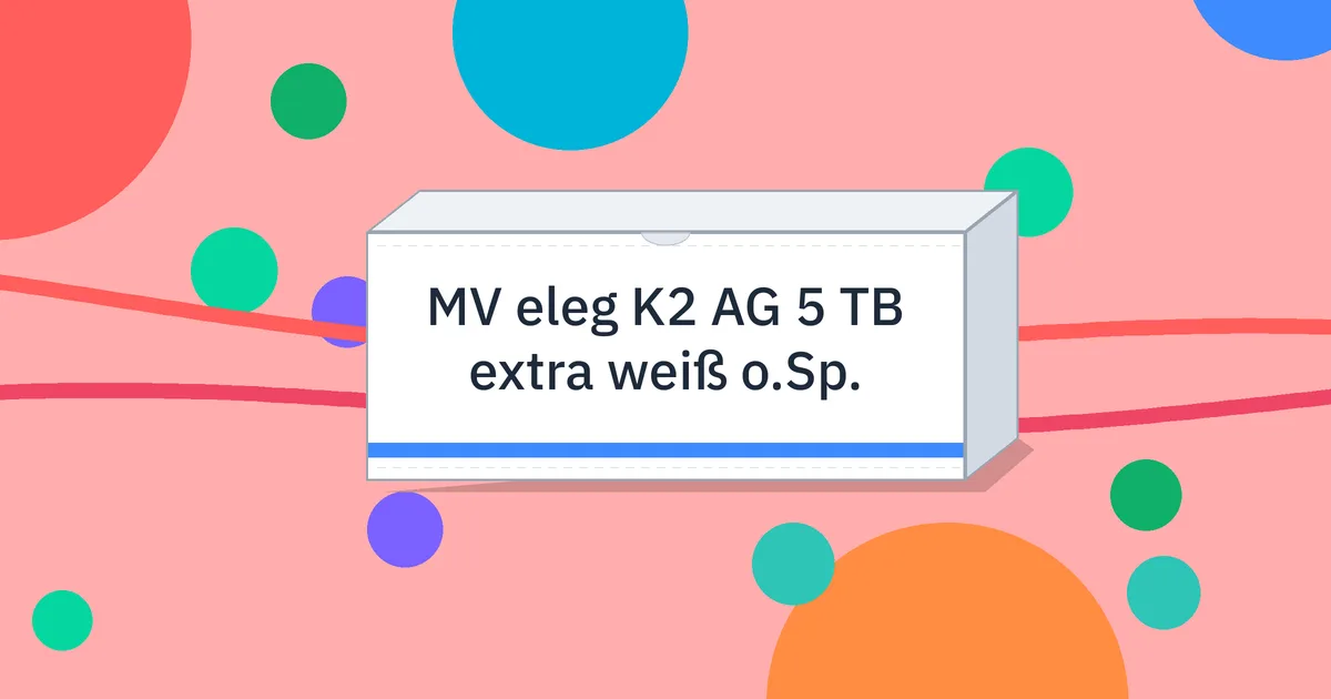 Symbolbild: Packung mit der Aufschrift MV eleg K2 AG 5 TB extra weiß o.Sp. (PZN 09877242) – Verfügbarkeit und Bezug in Apotheken in Frankfurt am Main