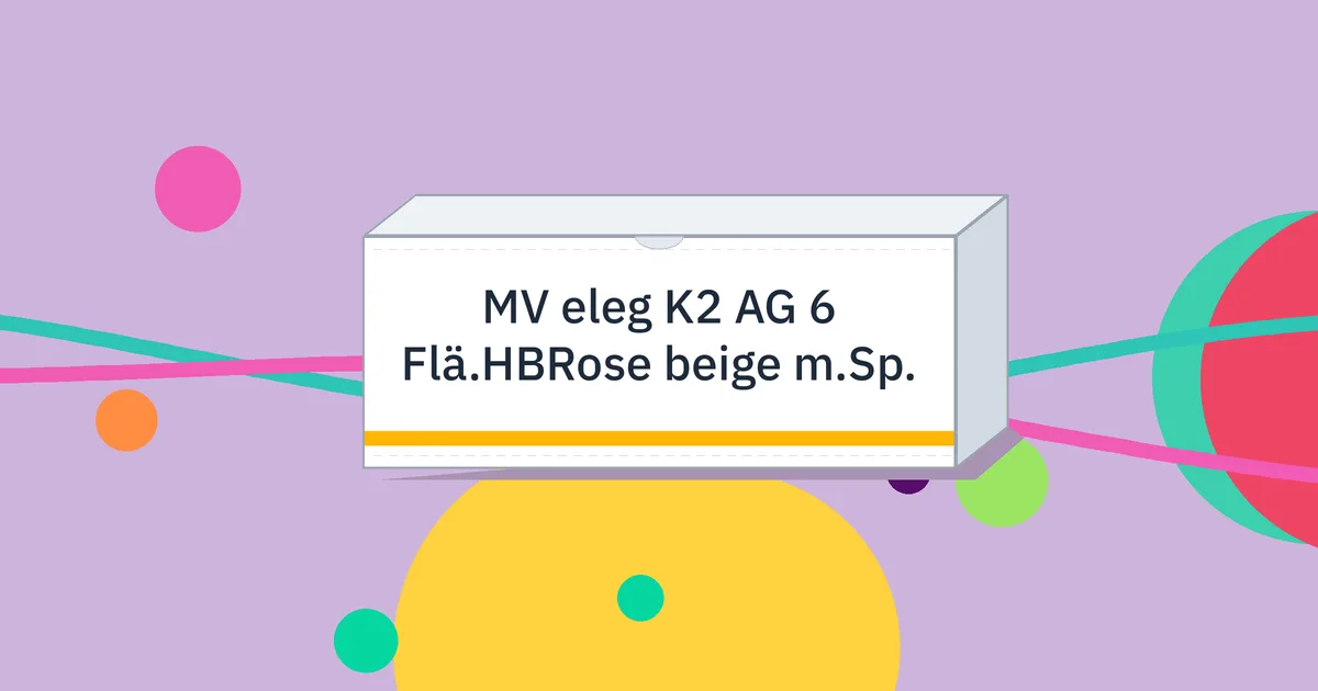 Symbolbild: Packung mit der Aufschrift MV eleg K2 AG 6 Flä.HBRose beige m.Sp. (PZN 15718683) – Verfügbarkeit und Bezug in Apotheken in Frankfurt am Main