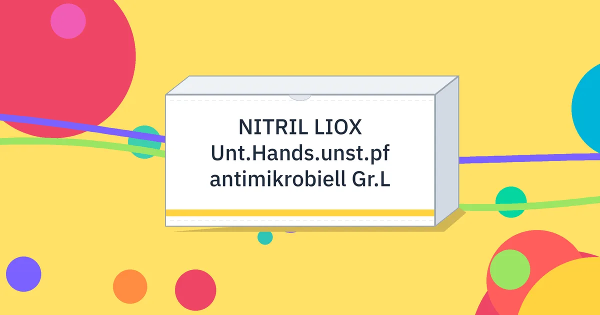 Symbolbild: Packung mit der Aufschrift NITRIL LIOX Unt.Hands.unst.pf antimikrobiell Gr.L (PZN 15377785) – Verfügbarkeit und Bezug in Apotheken in Frankfurt am Main