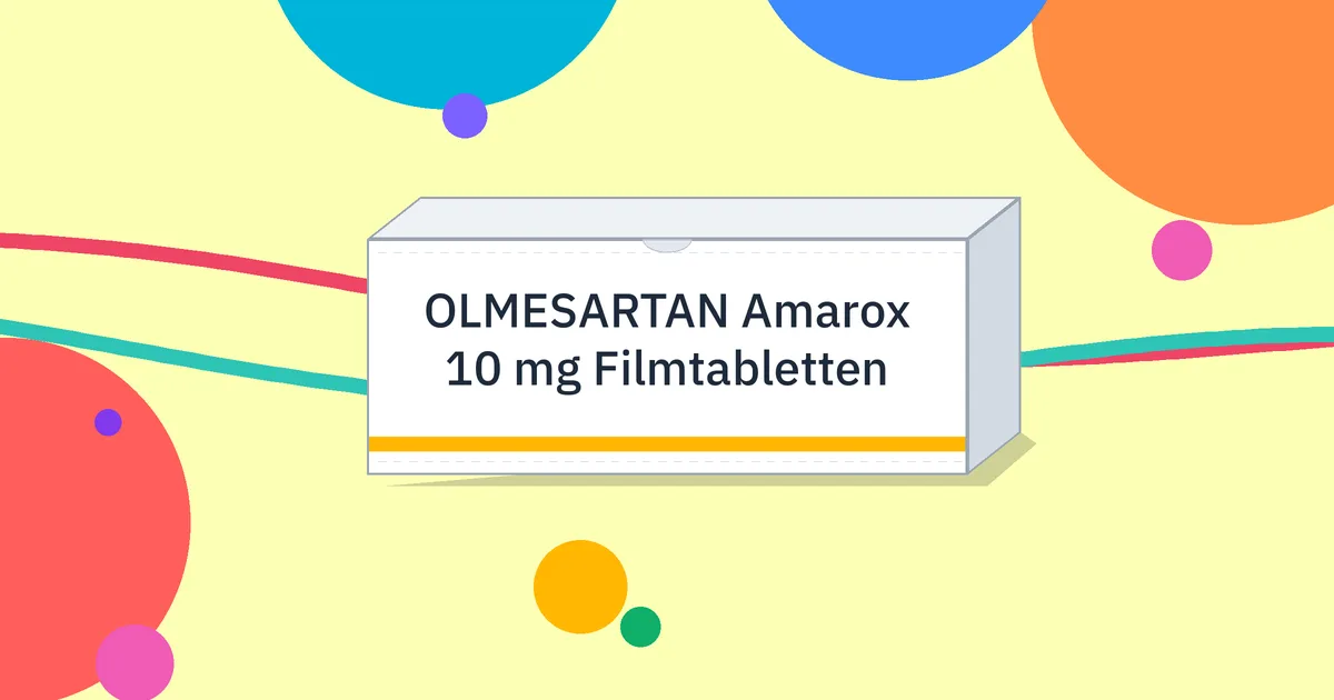 Symbolbild: Packung mit der Aufschrift OLMESARTAN Amarox 10 mg Filmtabletten (PZN 16804539) – Verfügbarkeit und Bezug in Apotheken in Frankfurt am Main