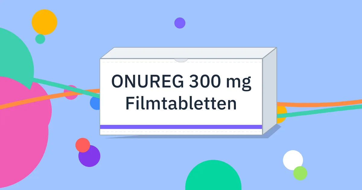 Symbolbild: Packung mit der Aufschrift ONUREG 300 mg Filmtabletten (PZN 16610918) – Verfügbarkeit und Bezug in Apotheken in Frankfurt am Main