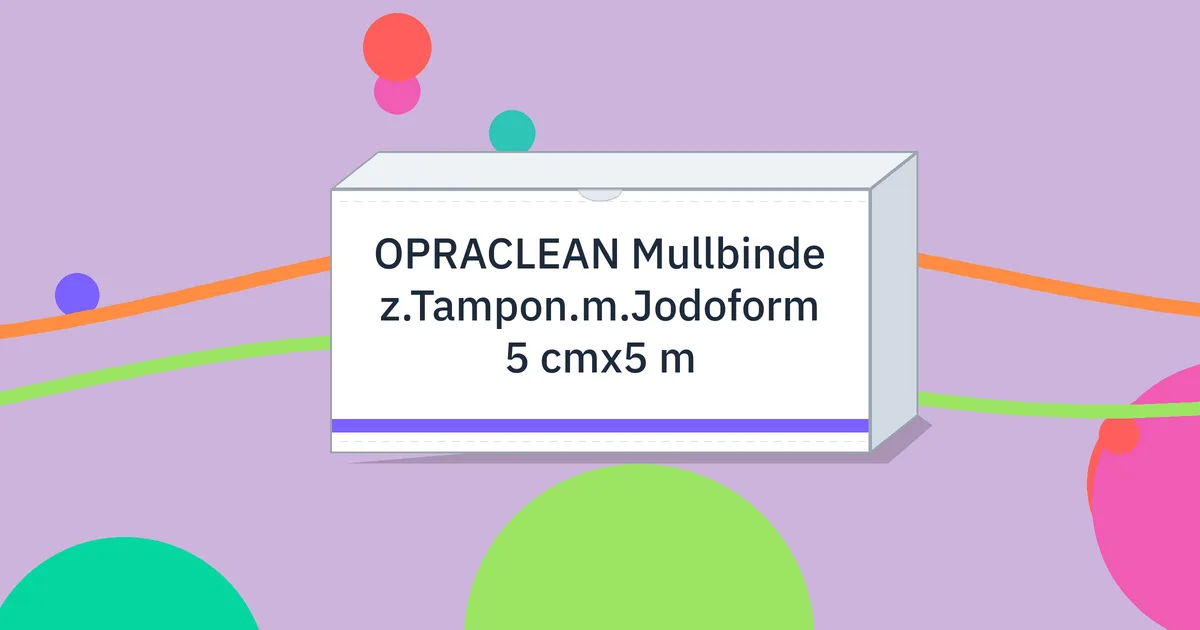 Symbolbild: Packung mit der Aufschrift OPRACLEAN Mullbinde z.Tampon.m.Jodoform 5 cmx5 m (PZN 17975510) – Verfügbarkeit und Bezug in Apotheken in Frankfurt am Main