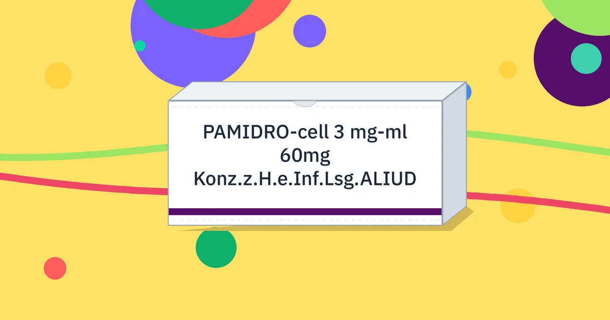 Symbolbild: Packung mit der Aufschrift PAMIDRO-cell 3 mg-ml 60mg Konz.z.H.e.Inf.Lsg.ALIUD (PZN 13838940) – Verfügbarkeit und Bezug in Apotheken in Frankfurt am Main