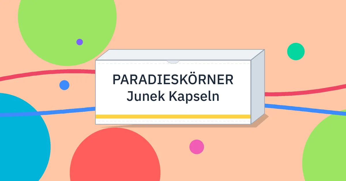 Symbolbild: Packung mit der Aufschrift PARADIESKÖRNER Junek Kapseln (PZN 20856660) – Verfügbarkeit und Bezug in Apotheken in Frankfurt am Main