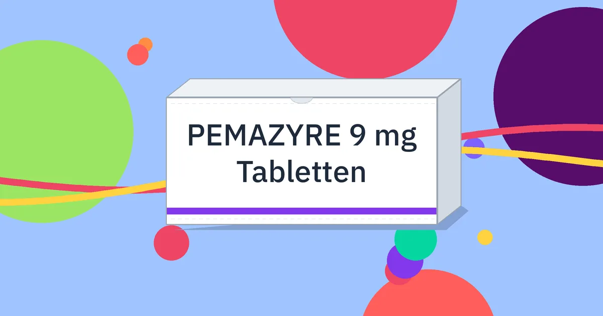Symbolbild: Packung mit der Aufschrift PEMAZYRE 9 mg Tabletten (PZN 16908629) – Verfügbarkeit und Bezug in Apotheken in Frankfurt am Main
