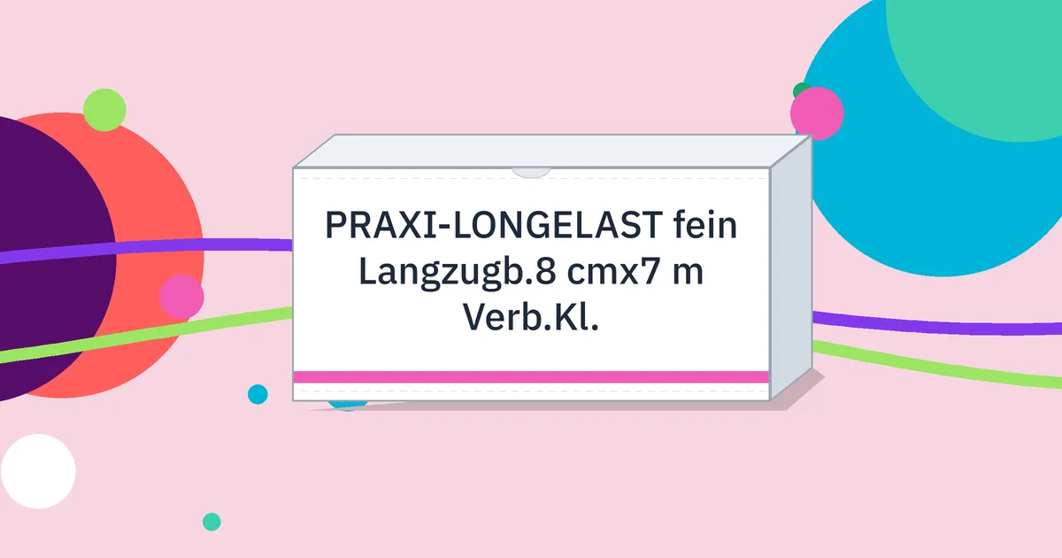 Symbolbild: Packung mit der Aufschrift PRAXI-LONGELAST fein Langzugb.8 cmx7 m Verb.Kl. (PZN 12827070) – Verfügbarkeit und Bezug in Apotheken in Frankfurt am Main
