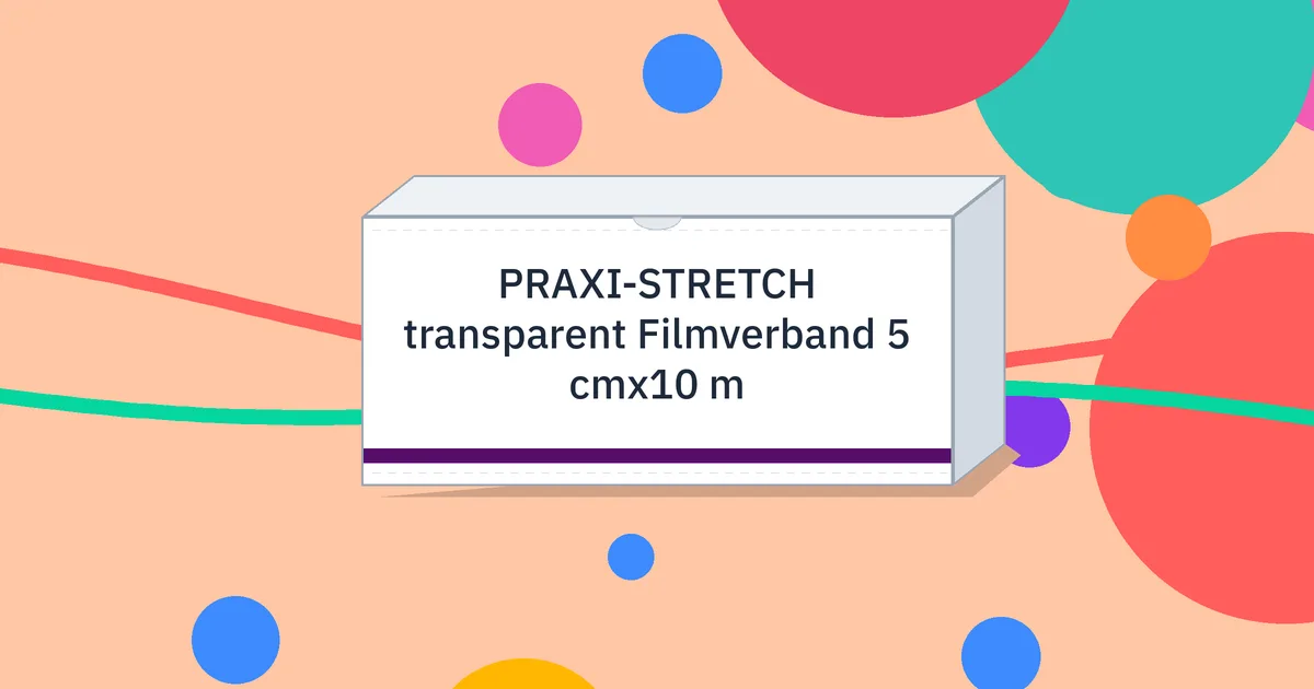 Symbolbild: Packung mit der Aufschrift PRAXI-STRETCH transparent Filmverband 5 cmx10 m (PZN 12827779) – Verfügbarkeit und Bezug in Apotheken in Frankfurt am Main