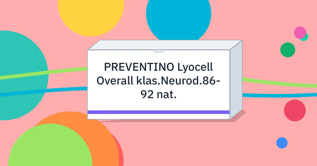 Symbolbild: Packung mit der Aufschrift PREVENTINO Lyocell Overall klas.Neurod.86-92 nat. (PZN 16895619) – Verfügbarkeit und Bezug in Apotheken in Frankfurt am Main