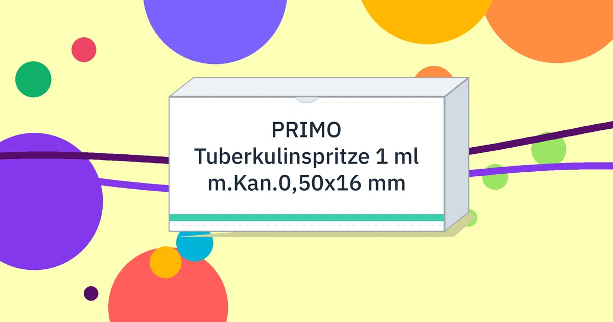 Symbolbild: Packung mit der Aufschrift PRIMO Tuberkulinspritze 1 ml m.Kan.0,50x16 mm (PZN 02143040) – Verfügbarkeit und Bezug in Apotheken in Frankfurt am Main