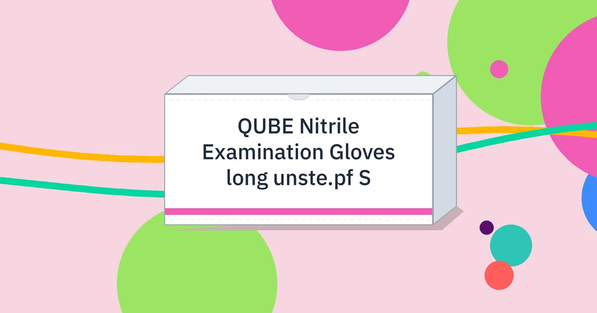Symbolbild: Packung mit der Aufschrift QUBE Nitrile Examination Gloves long unste.pf S (PZN 18797192) – Verfügbarkeit und Bezug in Apotheken in Frankfurt am Main