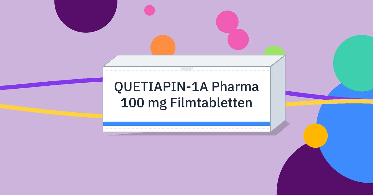 Symbolbild: Packung mit der Aufschrift QUETIAPIN-1A Pharma 100 mg Filmtabletten (PZN 09494794) – Verfügbarkeit und Bezug in Apotheken in Frankfurt am Main