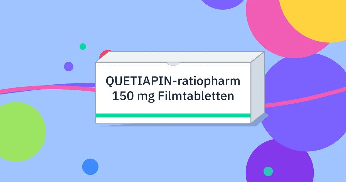 Symbolbild: Packung mit der Aufschrift QUETIAPIN-ratiopharm 150 mg Filmtabletten (PZN 09243218) – Verfügbarkeit und Bezug in Apotheken in Frankfurt am Main