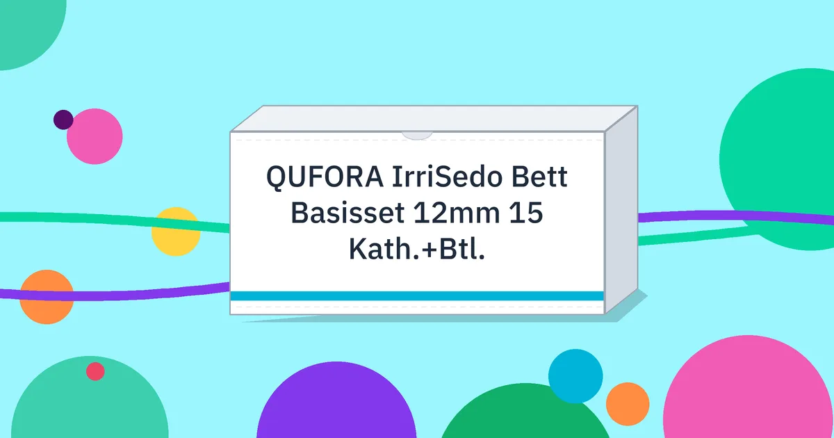 Symbolbild: Packung mit der Aufschrift QUFORA IrriSedo Bett Basisset 12mm 15 Kath.+Btl. (PZN 18004464) – Verfügbarkeit und Bezug in Apotheken in Frankfurt am Main