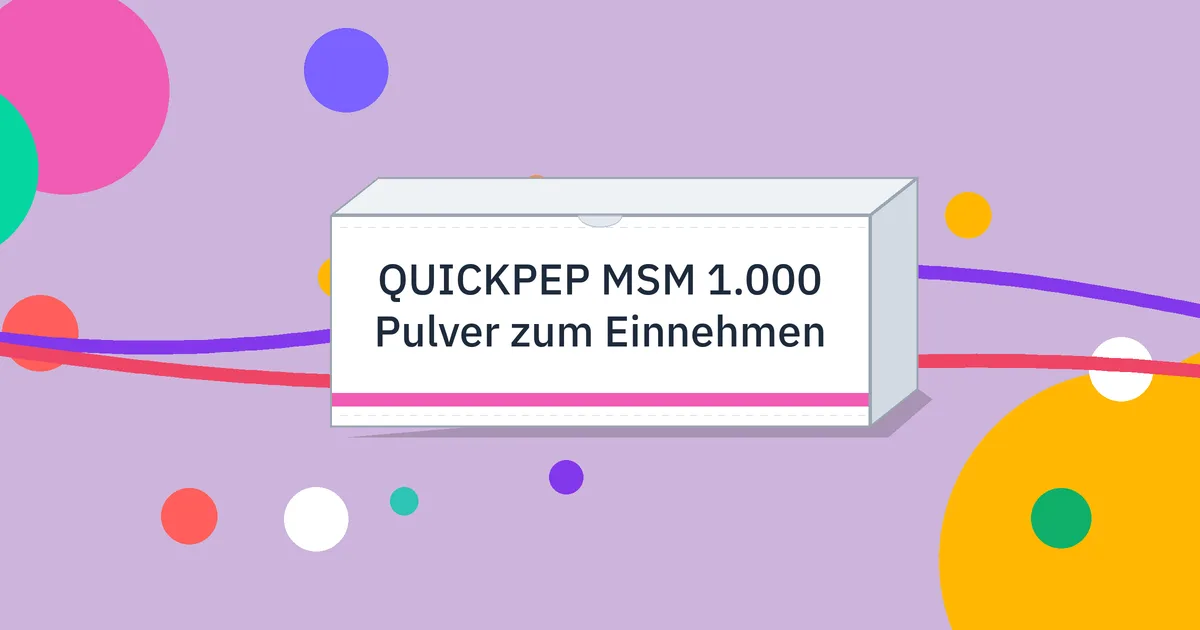 Symbolbild: Packung mit der Aufschrift QUICKPEP MSM 1.000 Pulver zum Einnehmen (PZN 19533934) – Verfügbarkeit und Bezug in Apotheken in Frankfurt am Main
