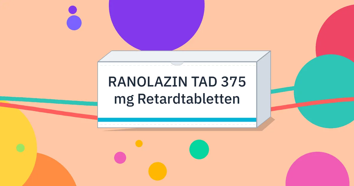 Symbolbild: Packung mit der Aufschrift RANOLAZIN TAD 375 mg Retardtabletten (PZN 18600812) – Verfügbarkeit und Bezug in Apotheken in Frankfurt am Main