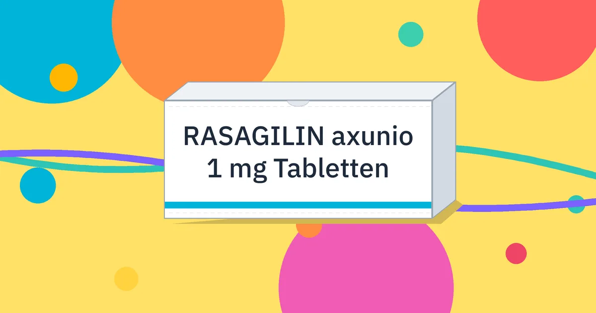 Symbolbild: Packung mit der Aufschrift RASAGILIN axunio 1 mg Tabletten (PZN 19271428) – Verfügbarkeit und Bezug in Apotheken in Frankfurt am Main