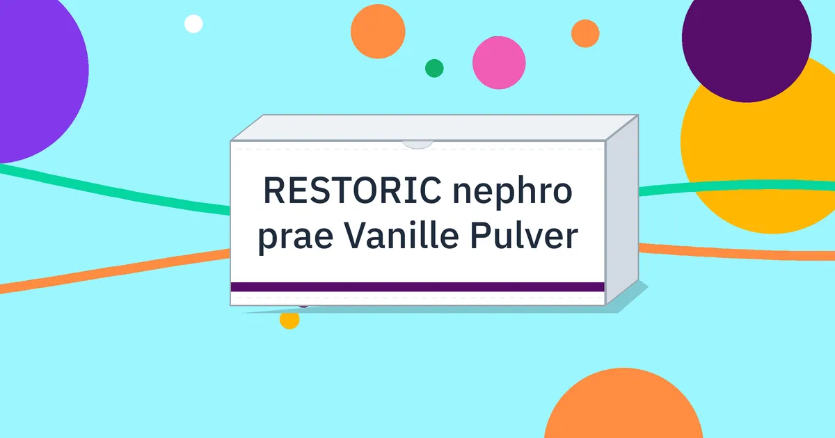 Symbolbild: Packung mit der Aufschrift RESTORIC nephro prae Vanille Pulver (PZN 18354307) – Verfügbarkeit und Bezug in Apotheken in Frankfurt am Main