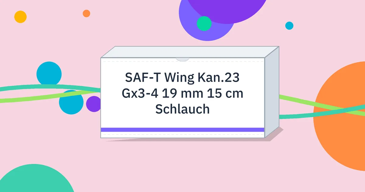 Symbolbild: Packung mit der Aufschrift SAF-T Wing Kan.23 Gx3-4 19 mm 15 cm Schlauch (PZN 07734768) – Verfügbarkeit und Bezug in Apotheken in Frankfurt am Main
