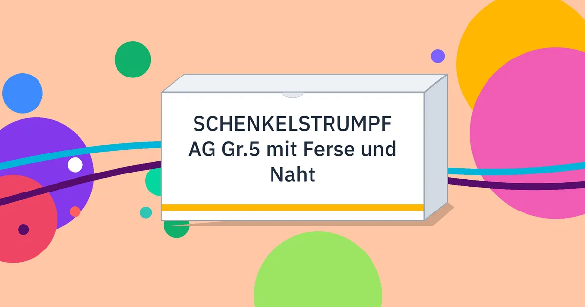 Symbolbild: Packung mit der Aufschrift SCHENKELSTRUMPF AG Gr.5 mit Ferse und Naht (PZN 01969513) – Verfügbarkeit und Bezug in Apotheken in Frankfurt am Main