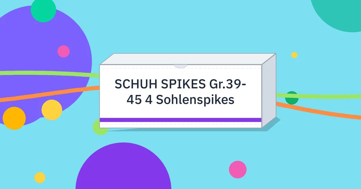 Symbolbild: Packung mit der Aufschrift SCHUH SPIKES Gr.39-45 4 Sohlenspikes (PZN 09527625) – Verfügbarkeit und Bezug in Apotheken in Frankfurt am Main