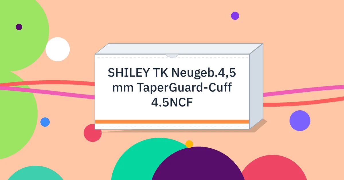 Symbolbild: Packung mit der Aufschrift SHILEY TK Neugeb.4,5 mm TaperGuard-Cuff 4.5NCF (PZN 11596036) – Verfügbarkeit und Bezug in Apotheken in Frankfurt am Main