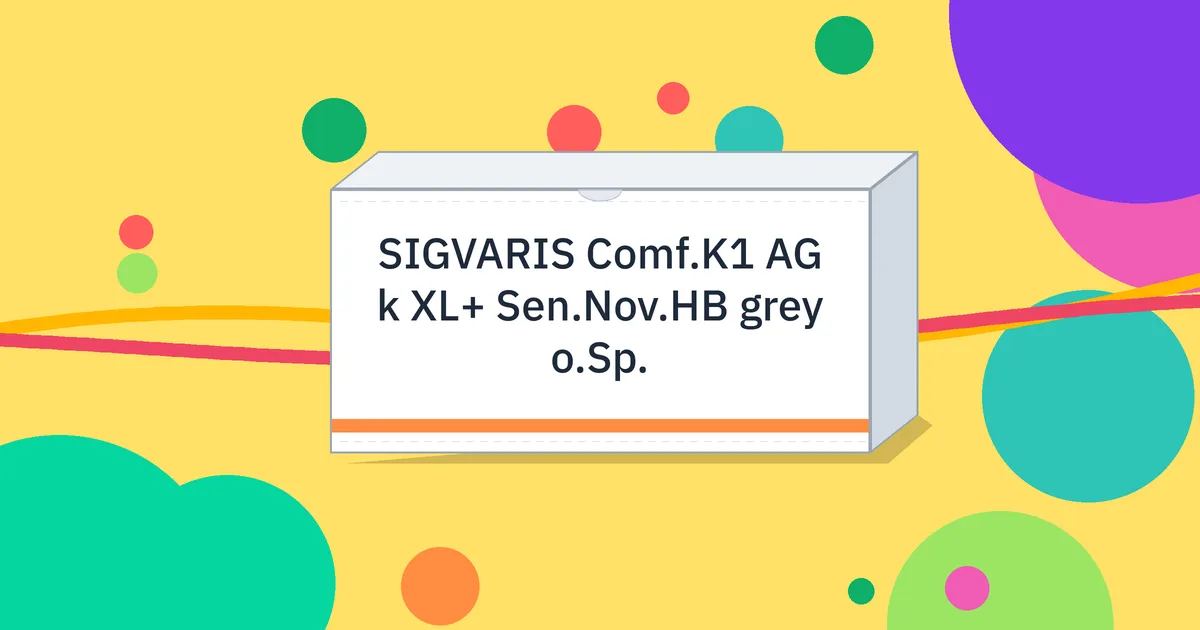 Symbolbild: Packung mit der Aufschrift SIGVARIS Comf.K1 AG k XL+ Sen.Nov.HB grey o.Sp. (PZN 17100711) – Verfügbarkeit und Bezug in Apotheken in Frankfurt am Main