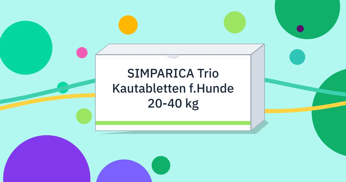 Symbolbild: Packung mit der Aufschrift SIMPARICA Trio Kautabletten f.Hunde 20-40 kg (PZN 17150778) – Verfügbarkeit und Bezug in Apotheken in Frankfurt am Main