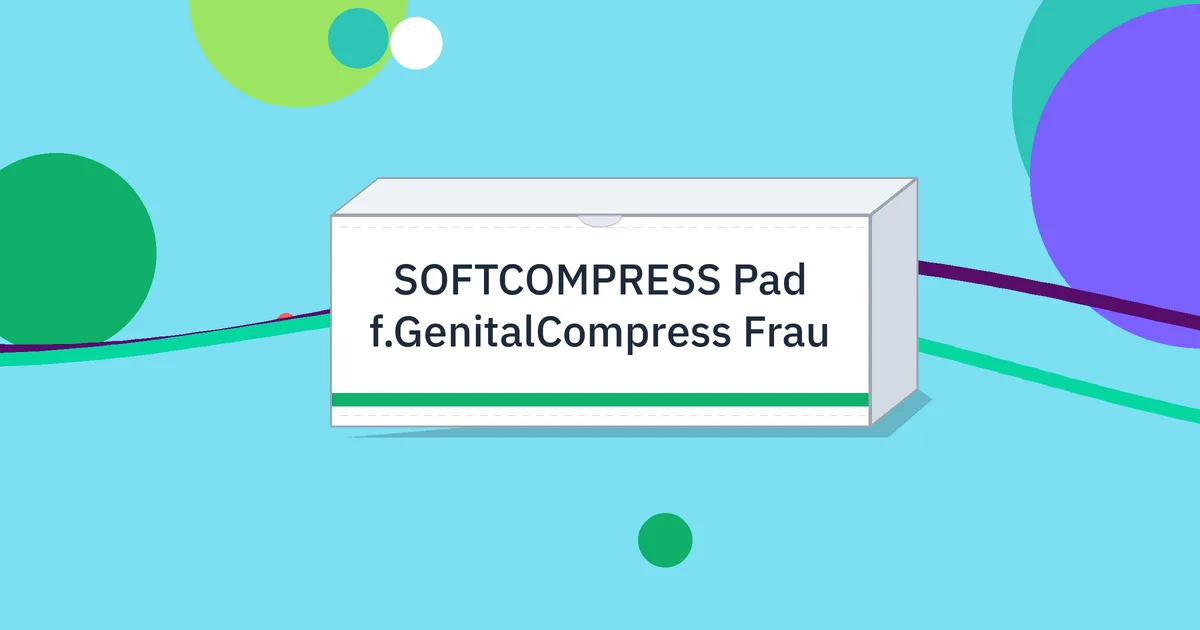 Symbolbild: Packung mit der Aufschrift SOFTCOMPRESS Pad f.GenitalCompress Frau (PZN 20892472) – Verfügbarkeit und Bezug in Apotheken in Frankfurt am Main