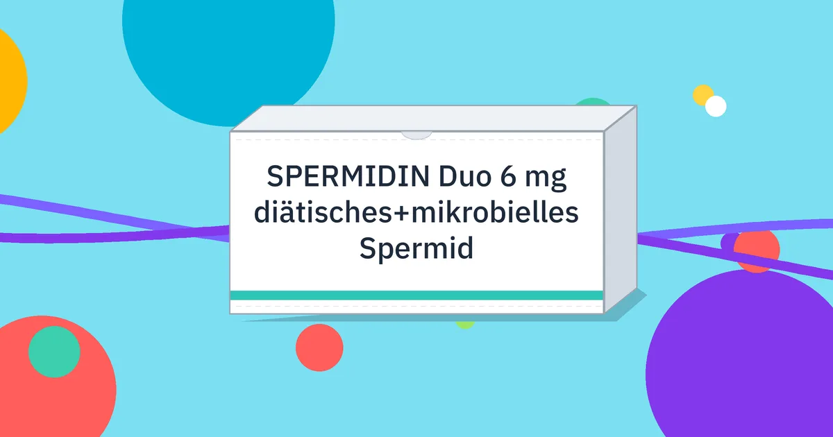Symbolbild: Packung mit der Aufschrift SPERMIDIN Duo 6 mg diätisches+mikrobielles Spermid (PZN 19801493) – Verfügbarkeit und Bezug in Apotheken in Frankfurt am Main