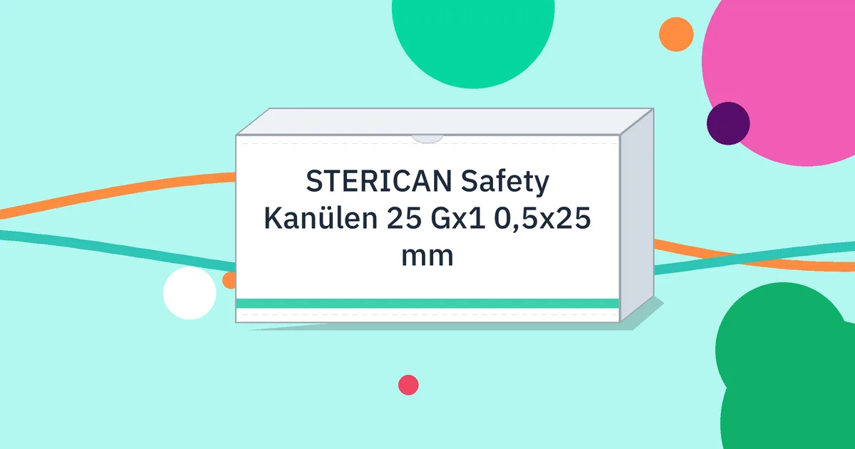 Symbolbild: Packung mit der Aufschrift STERICAN Safety Kanülen 25 Gx1 0,5x25 mm (PZN 18472538) – Verfügbarkeit und Bezug in Apotheken in Frankfurt am Main
