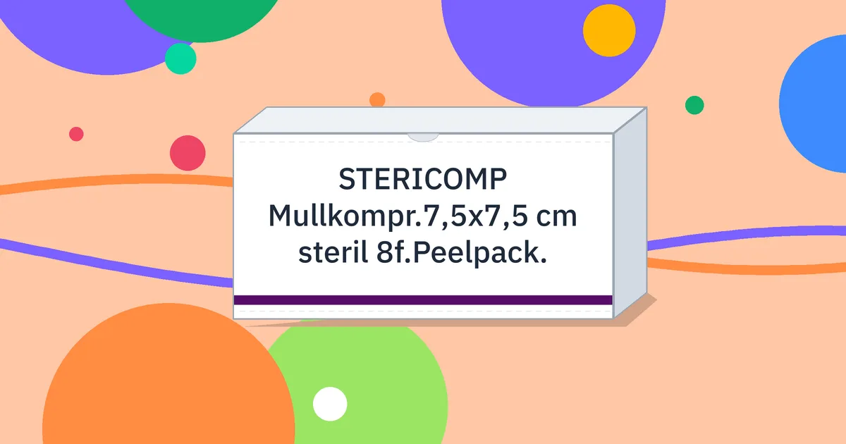 Symbolbild: Packung mit der Aufschrift STERICOMP Mullkompr.7,5x7,5 cm steril 8f.Peelpack. (PZN 02661355) – Verfügbarkeit und Bezug in Apotheken in Frankfurt am Main