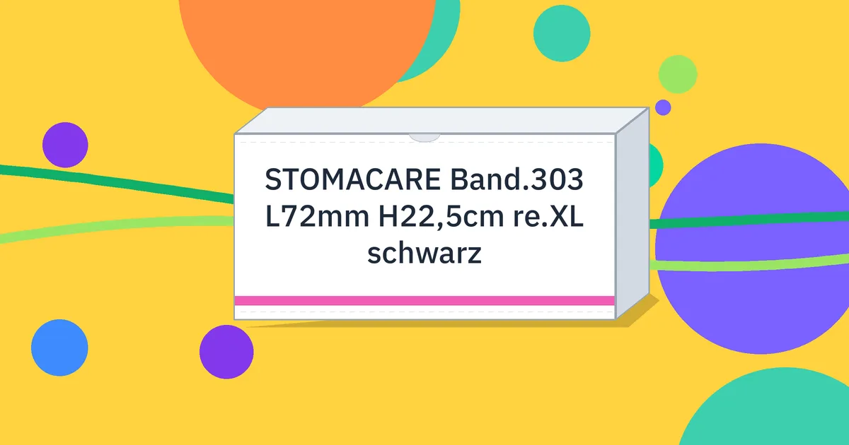 Symbolbild: Packung mit der Aufschrift STOMACARE Band.303 L72mm H22,5cm re.XL schwarz (PZN 10841172) – Verfügbarkeit und Bezug in Apotheken in Frankfurt am Main