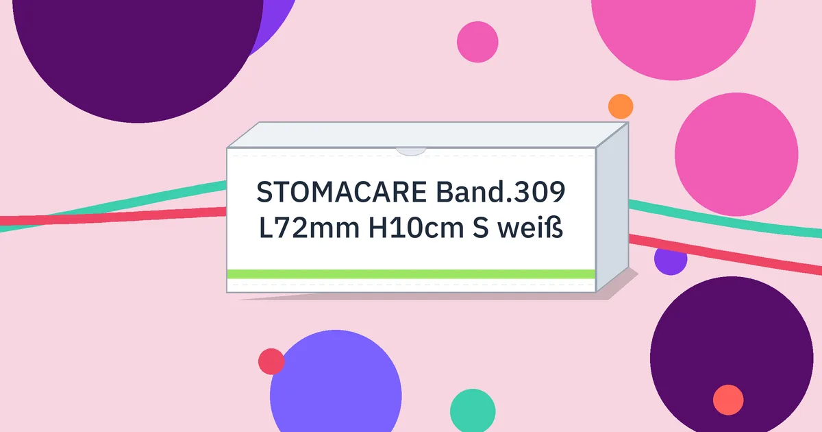 Symbolbild: Packung mit der Aufschrift STOMACARE Band.309 L72mm H10cm S weiß (PZN 09109052) – Verfügbarkeit und Bezug in Apotheken in Frankfurt am Main