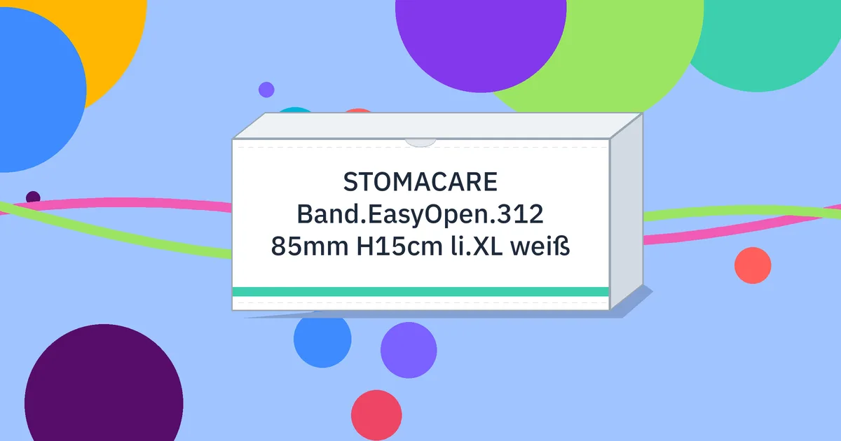 Symbolbild: Packung mit der Aufschrift STOMACARE Band.EasyOpen.312 85mm H15cm li.XL weiß (PZN 09437715) – Verfügbarkeit und Bezug in Apotheken in Frankfurt am Main