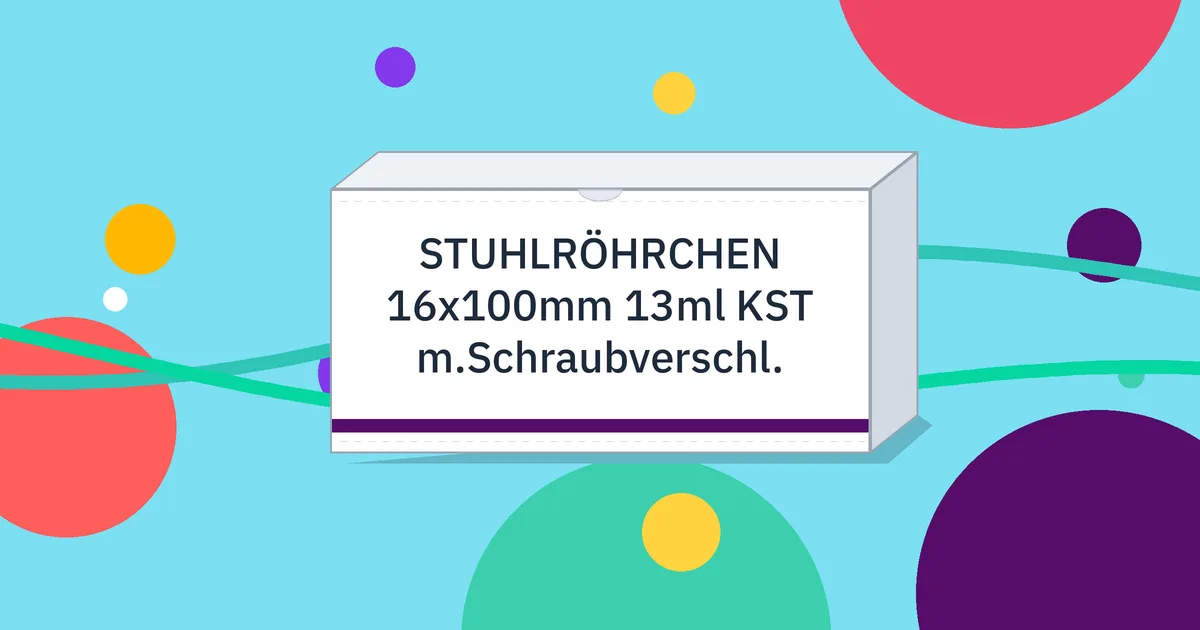 Symbolbild: Packung mit der Aufschrift STUHLRÖHRCHEN 16x100mm 13ml KST m.Schraubverschl. (PZN 09729033) – Verfügbarkeit und Bezug in Apotheken in Frankfurt am Main