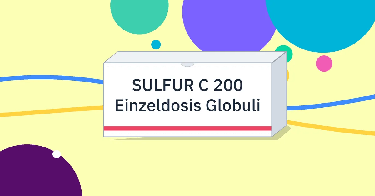 Symbolbild: Packung mit der Aufschrift SULFUR C 200 Einzeldosis Globuli (PZN 01543978) – Verfügbarkeit und Bezug in Apotheken in Frankfurt am Main