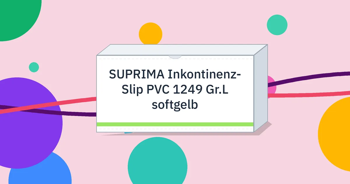 Symbolbild: Packung mit der Aufschrift SUPRIMA Inkontinenz-Slip PVC 1249 Gr.L softgelb (PZN 02062778) – Verfügbarkeit und Bezug in Apotheken in Frankfurt am Main