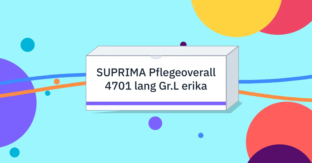 Symbolbild: Packung mit der Aufschrift SUPRIMA Pflegeoverall 4701 lang Gr.L erika (PZN 09376959) – Verfügbarkeit und Bezug in Apotheken in Frankfurt am Main