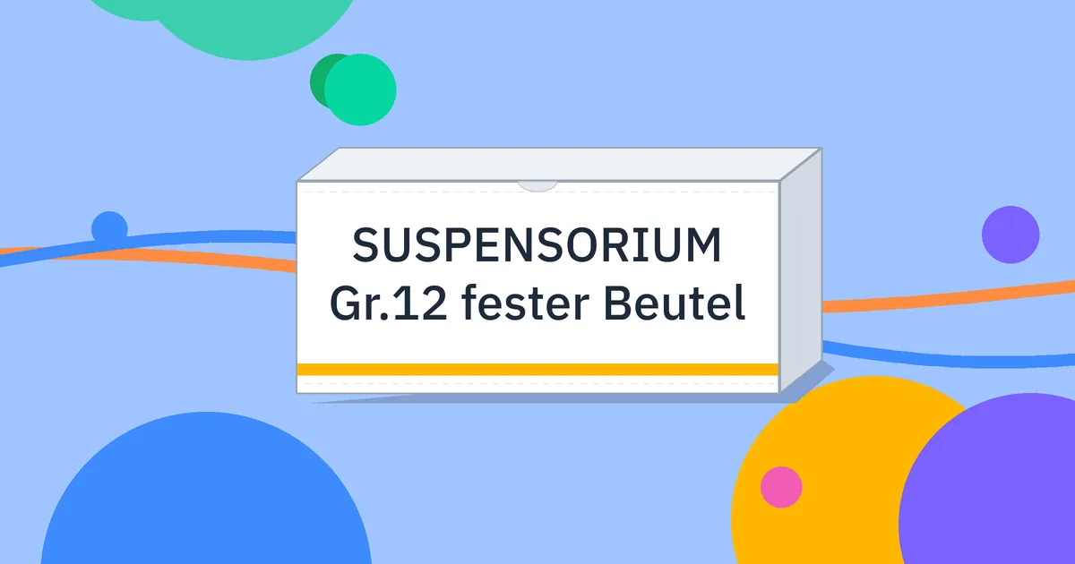 Symbolbild: Packung mit der Aufschrift SUSPENSORIUM Gr.12 fester Beutel (PZN 01739256) – Verfügbarkeit und Bezug in Apotheken in Frankfurt am Main