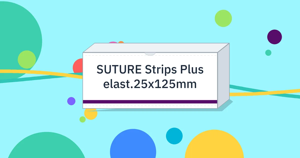 Symbolbild: Packung mit der Aufschrift SUTURE Strips Plus elast.25x125mm (PZN 00033790) – Verfügbarkeit und Bezug in Apotheken in Frankfurt am Main