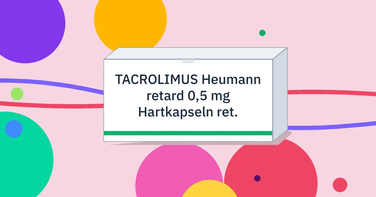Symbolbild: Packung mit der Aufschrift TACROLIMUS Heumann retard 0,5 mg Hartkapseln ret. (PZN 18490737) – Verfügbarkeit und Bezug in Apotheken in Frankfurt am Main