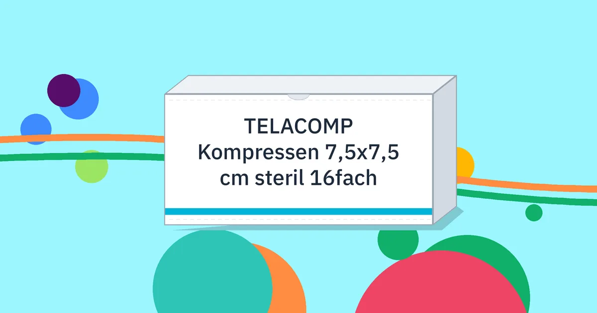 Symbolbild: Packung mit der Aufschrift TELACOMP Kompressen 7,5x7,5 cm steril 16fach (PZN 03544137) – Verfügbarkeit und Bezug in Apotheken in Frankfurt am Main