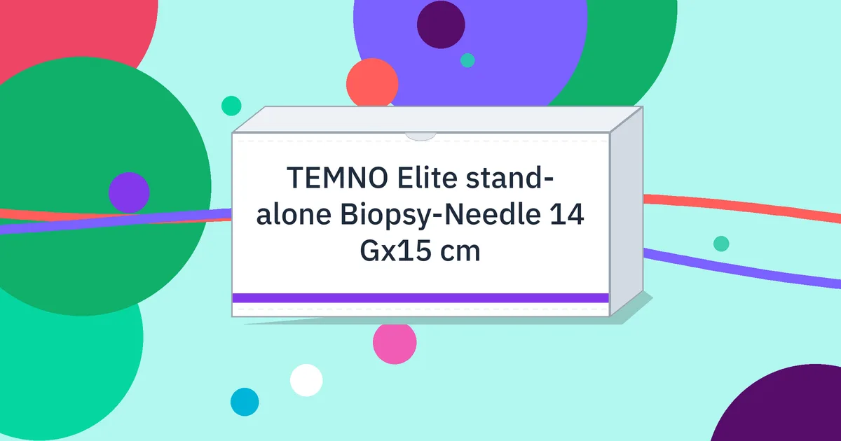 Symbolbild: Packung mit der Aufschrift TEMNO Elite stand-alone Biopsy-Needle 14 Gx15 cm (PZN 18765128) – Verfügbarkeit und Bezug in Apotheken in Frankfurt am Main