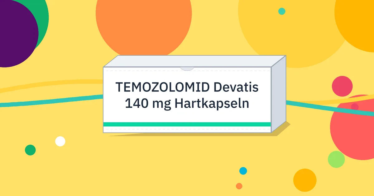 Symbolbild: Packung mit der Aufschrift TEMOZOLOMID Devatis 140 mg Hartkapseln (PZN 17983455) – Verfügbarkeit und Bezug in Apotheken in Frankfurt am Main